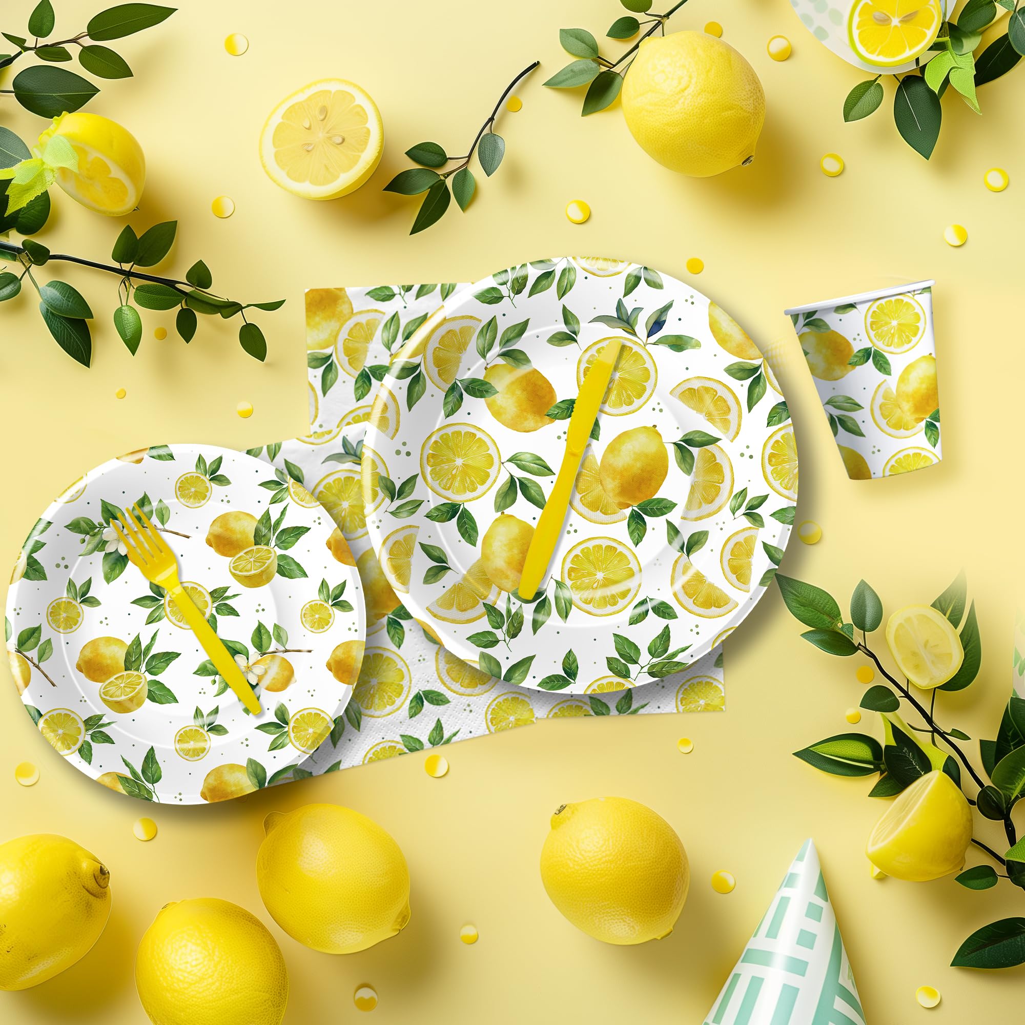 Suhelkit Lemon Party Decorations Tableware - Disposable Lemon Birthday Party Supplies, Paper Plate, Napkin, Cup, Cutlery, Summer Theme Lemon Baby Shower Bridal Shower Table Decorations | 24 Guests