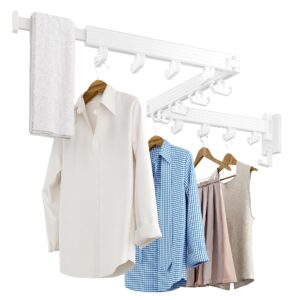 clothes drying rack wall mounted, retractable drying racks for laundry, foldable drying rack with 12 hooks, sturdy tri-fold wall mounted space saver for laundry room balcony bathroom - 49.8", white