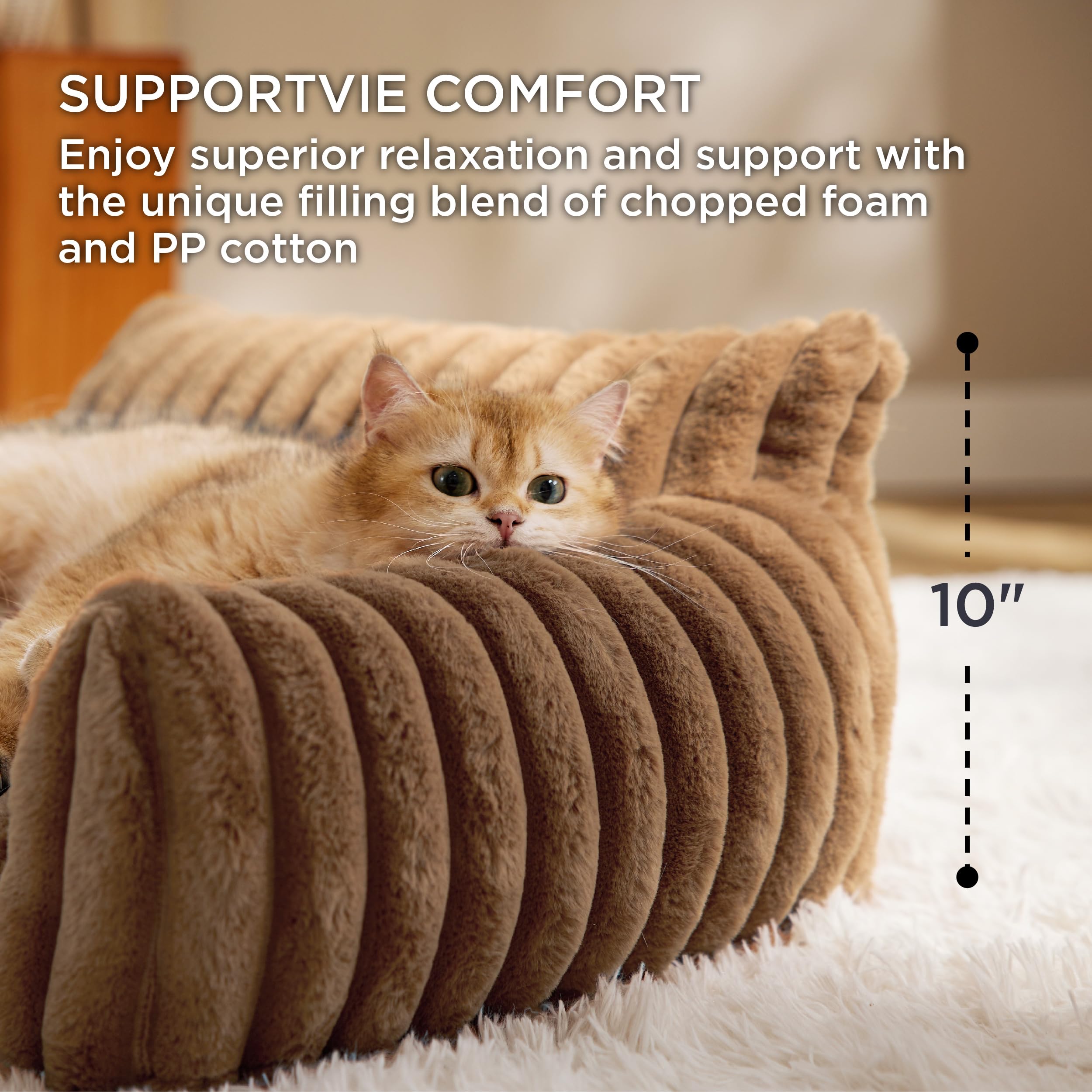 Bedsure Cute Cat Couch for Pets - Fluffy Cat Sofa with Premium Soft Corduroy Fleece, Fuzzy Cat Couch Bed with Removable Washable Cover, Supportive Cat Chair for Indoor Cats, 24inch, Copper Brown