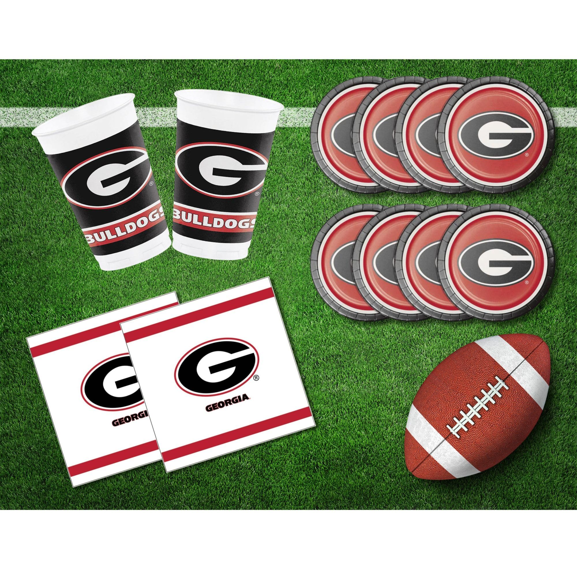 Georgia Bulldog Party Supplies 76 Pcs Complete University Set:Disposable Paper 9" Luncheon Plates,7" Dessert Plates,Large Napkins,20oz Plastic Cups. Bulk for 16 Guests.Tailgate,Football,Graduation