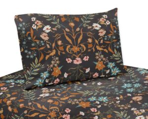 sweet jojo designs boho wildflower vintage floral girl queen sheet set flat fitted bed sheets pillow covers kids childrens adult bedding 4p black orange teal bohemian farmhouse botanical cottagecore