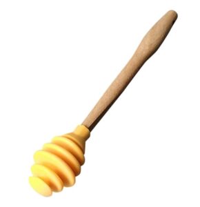 1pc yellow honey dipper sticks,wood honey dipper sticks silicone honey sauce stirrer spoon wooden honey mixing stirrer for kitchen tool,easy to clean and store,kitchen and dining