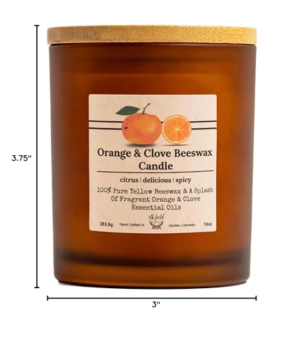 Elk Field Orange Clove Organic Beeswax Candle | 2 Ingredients | 100% Pure Beeswax Candles, Non Toxic, Natural, Organic Candles, Beeswax Candles Scented, Non Toxic Candles, 80 Hour, 10oz