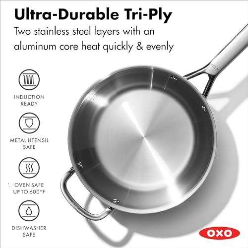 OXO Agility Tri-Ply Stainless Steel 3.57QT Chef’s Pan with Lid, Induction Suitable Cookware, Sauce Pan, Ultra-Durable, Quick Even Heating, Measurement Markings, Pouring Rim, Dishwasher and Oven Safe