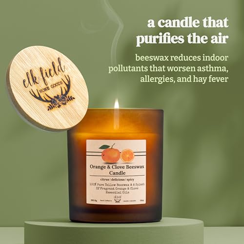 Elk Field Orange Clove Organic Beeswax Candle | 2 Ingredients | 100% Pure Beeswax Candles, Non Toxic, Natural, Organic Candles, Beeswax Candles Scented, Non Toxic Candles, 80 Hour, 10oz