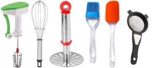 omortex maharaja combo of manual hand blender, whisk, stainless steel masher, spatula with brush & 2 in 1 strainer-greater (pack of 6)