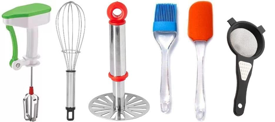 OMORTEX Maharaja Combo Of Manual Hand Blender, Whisk, Stainless Steel Masher, Spatula With Brush & 2 in 1 Strainer-Greater (Pack Of 6)