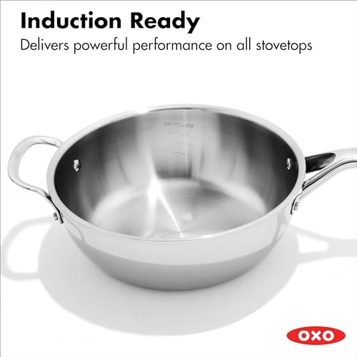 OXO Agility Tri-Ply Stainless Steel 3.57QT Chef’s Pan with Lid, Induction Suitable Cookware, Sauce Pan, Ultra-Durable, Quick Even Heating, Measurement Markings, Pouring Rim, Dishwasher and Oven Safe