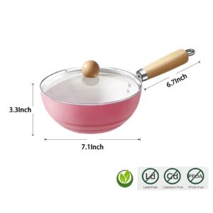 Ceramic Nonstick Frying Pan with Lid,Refined Iron Sauce Pan with Double Guide Ports and Wooden Handle, Cooking Pot Saucepan for Stove Top (Pink)