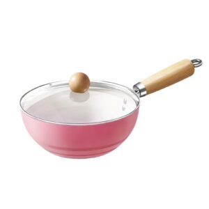 ceramic nonstick frying pan with lid,refined iron sauce pan with double guide ports and wooden handle, cooking pot saucepan for stove top (pink)