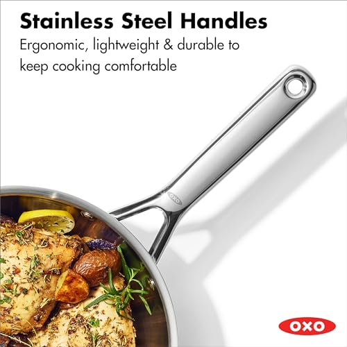 OXO Agility Tri-Ply Stainless Steel 3.57QT Chef’s Pan with Lid, Induction Suitable Cookware, Sauce Pan, Ultra-Durable, Quick Even Heating, Measurement Markings, Pouring Rim, Dishwasher and Oven Safe