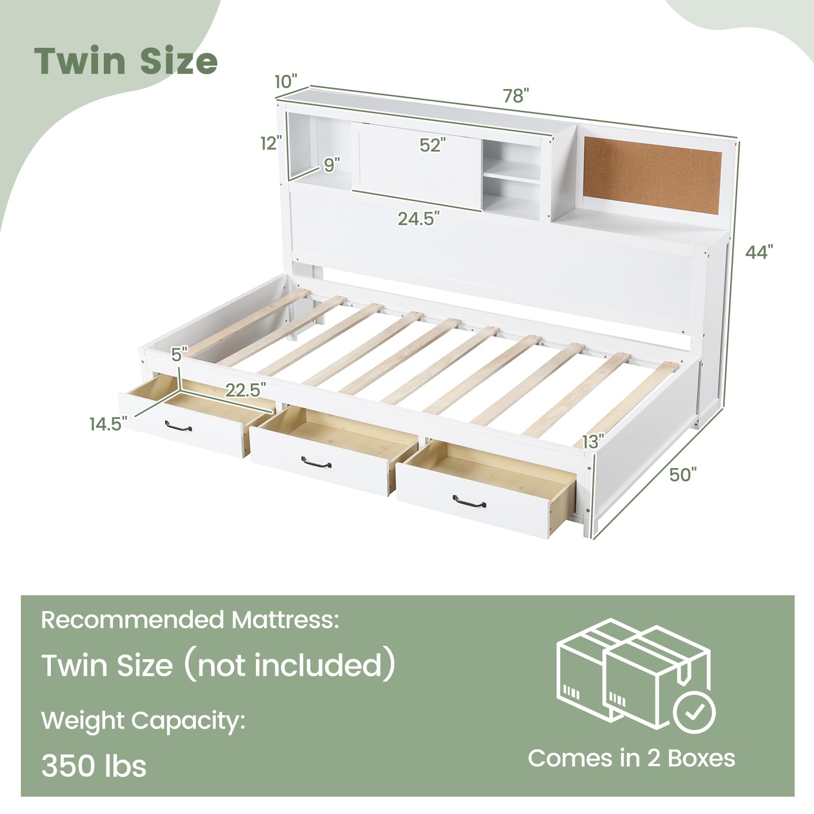 Giantex Twin Daybed with 3 Storage Drawers, Wood Day Bed with Storage Shelves, Cork Board & Sliding Door, Daybed Frame for Kids Adults Guests, No Box Spring Needed, Daybed with Storage, White