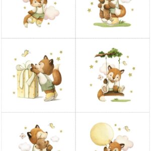 UNIQUE Cute Baby Fox Fabric Panel Set (6 Panels, 12x12in Each), Quilting Panels, Baby Quilt Panel, Cotton Baby Panel, Blanket Panels, Cotton Sateen Fabric Panel for Quilting