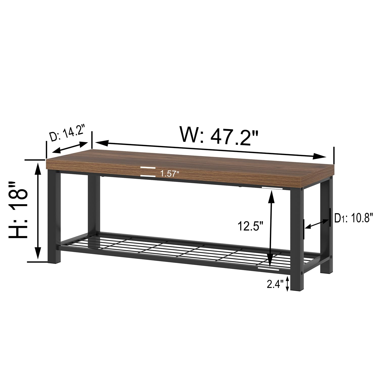 FOLUBAN Shoe Bench, Modern Wood and Metal Storage Bench for Entryway Hallway, Industrial Indoor Bedroom Bench Seat for Living Room, Mudroom, Rustic Walnut, 47 Inch