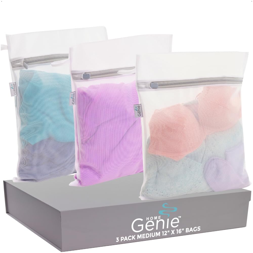 HOME GENIE Durable and Gentle Mesh Laundry Bags for Washing Delicates, Oversized Silicone Zipper, Machine Safe for Bras Lingerie Baby Garments, Net Bag for Tangle Free Wash Dry, Travel, 3 Pk Medium