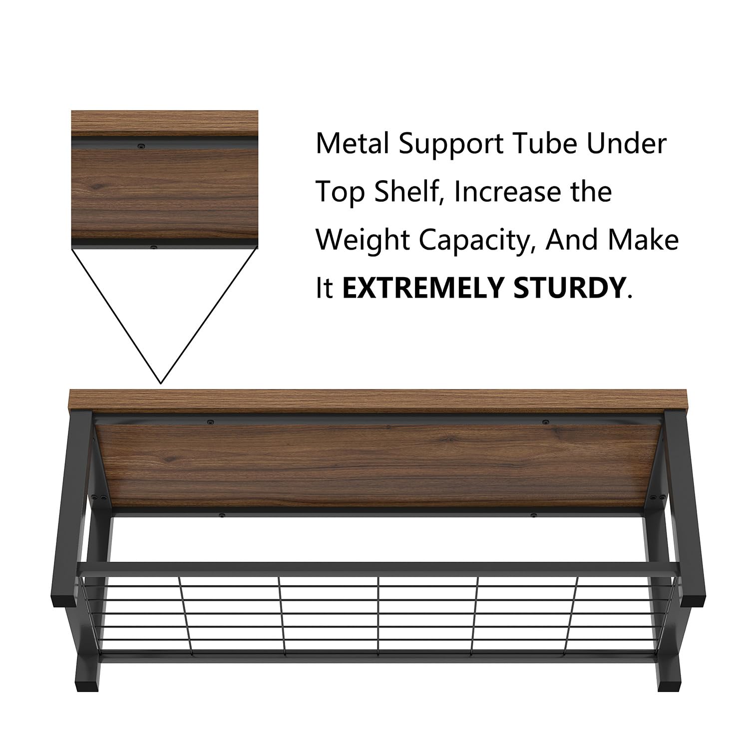 FOLUBAN Shoe Bench, Modern Wood and Metal Storage Bench for Entryway Hallway, Industrial Indoor Bedroom Bench Seat for Living Room, Mudroom, Rustic Walnut, 47 Inch