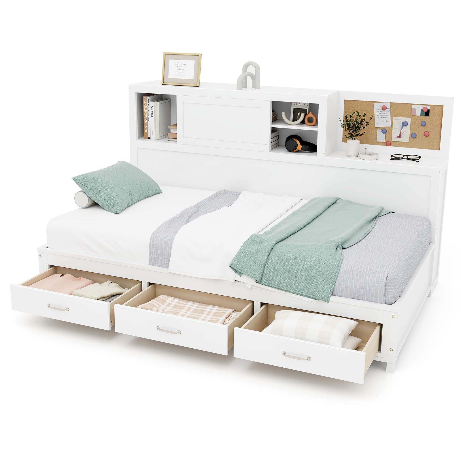 Giantex Twin Daybed with 3 Storage Drawers, Wood Day Bed with Storage Shelves, Cork Board & Sliding Door, Daybed Frame for Kids Adults Guests, No Box Spring Needed, Daybed with Storage, White