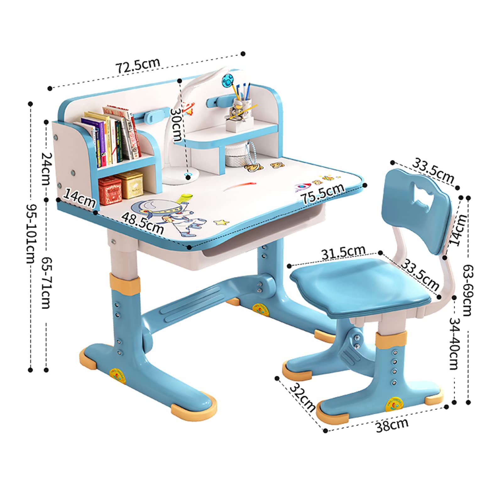 Kids Study Desk and Chair Set, Height Adjustable Kids School Desk, Cartoon Learning Desks, Kids Desk with Storage, Children Study Table with Storage, Bookshelf (Blue)