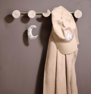 folkuture coat rack wall mount or wall hooks for hanging, 5 hook coat hanger or wall coat rack with hooks, 16" x 3" heavy duty entryway hook rack for hanging bags, keys, hats or bathroom towel - moon