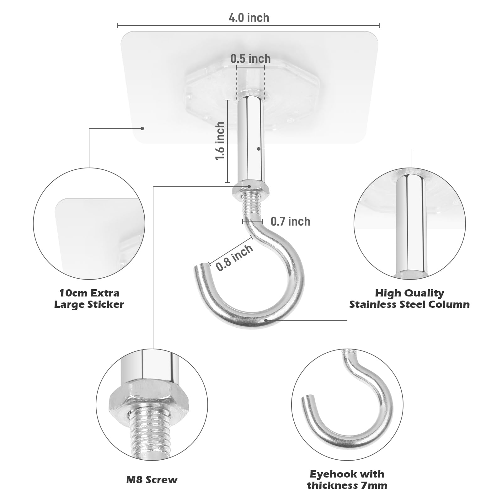 Adhesive Ceiling Hooks, 4 Pack 30lbs Super Heavy Duty Command Ceiling Hooks for Hanging Plants, Strong No Drill Outdoor Sticky Ceiling Hanger, Stick On Hooks for Lights,Wind Chimes,Lantern