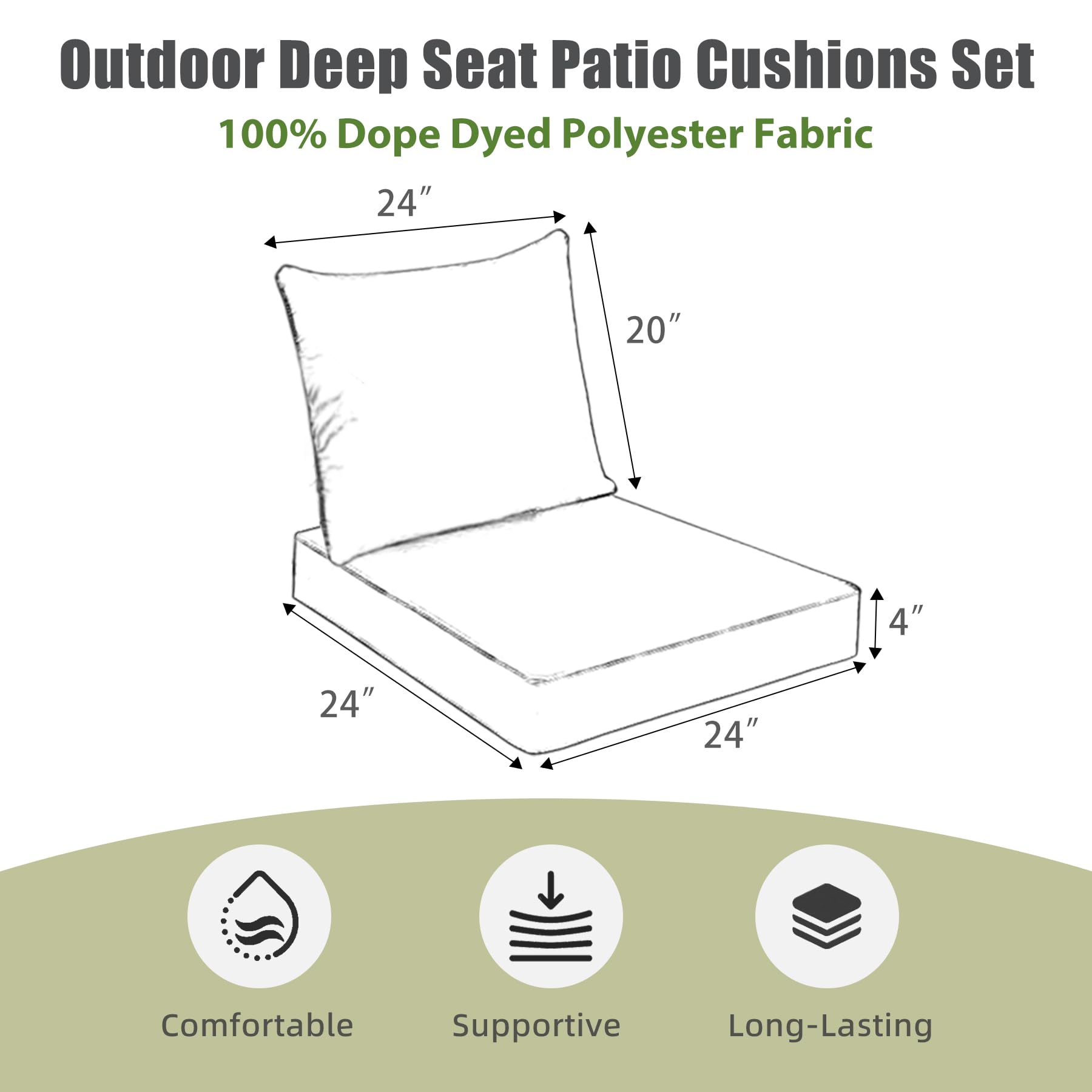 Favoyard Outdoor Deep Seat Patio Cushions Set, 24 x 24 Inch Rainproof & 3-Year Fade Resistant Patio Furniture Cushion, Removable Bottom & Back Cushion with Ties for Yard, Garden, Green Floral