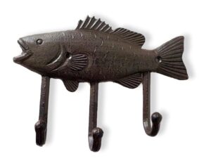 the bridge collection 8 1/2" bass fish with hooks - key wall hanger - bass fish coat hanger - brown key holders - nautical key holder - gift for fishermen and fish lovers - decorative bass coathanger