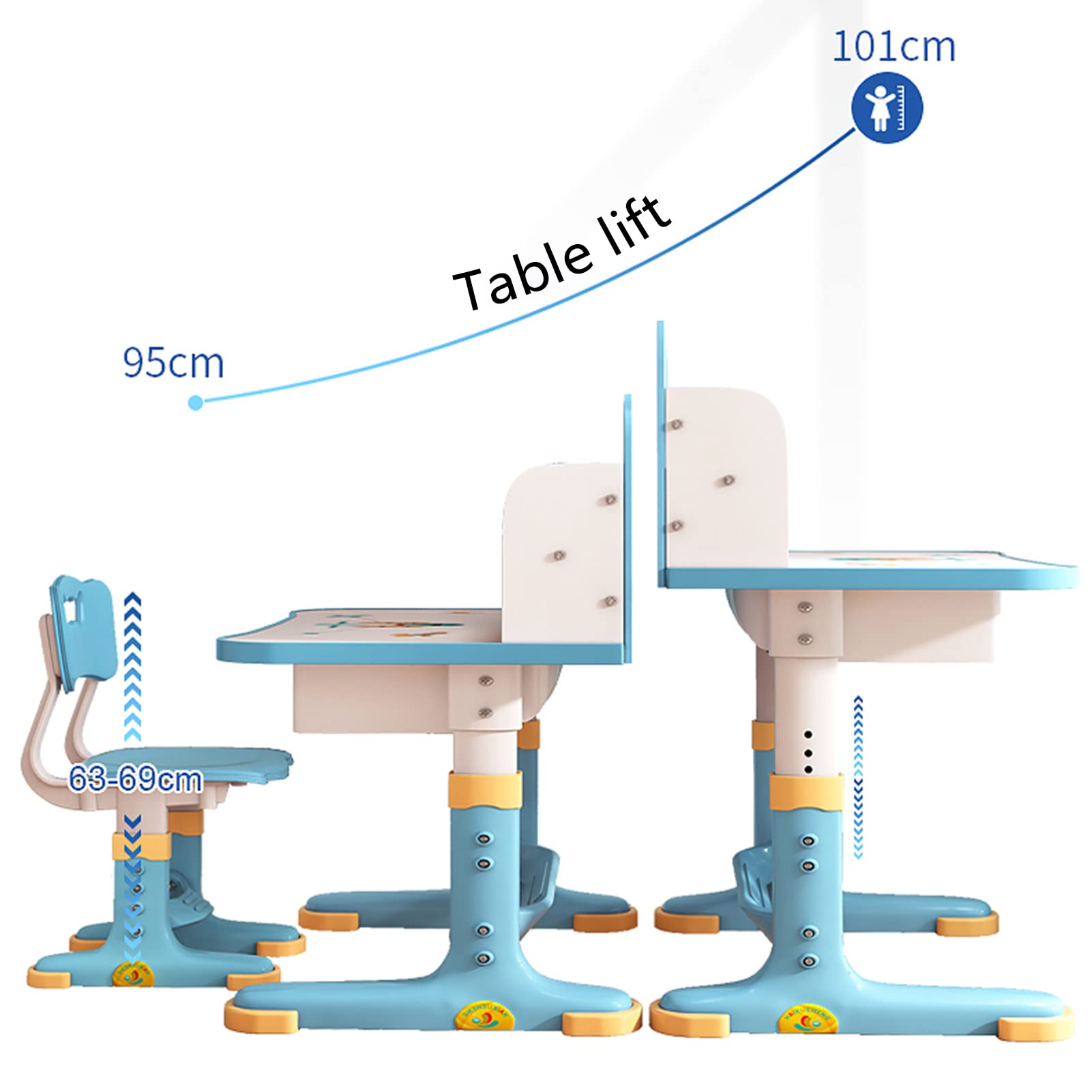 Kids Study Desk and Chair Set, Height Adjustable Kids School Desk, Cartoon Learning Desks, Kids Desk with Storage, Children Study Table with Storage, Bookshelf (Blue)