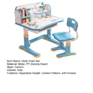 Kids Study Desk and Chair Set, Height Adjustable Kids School Desk, Cartoon Learning Desks, Kids Desk with Storage, Children Study Table with Storage, Bookshelf (Blue)