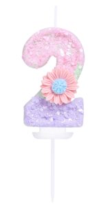 eake 2 birthday candle with 3d pink daisy and sweet pastel color-blocked sequins number 2 candle for anniversary or girls 2-year-old happy 2nd macaron birthday party cake decorations