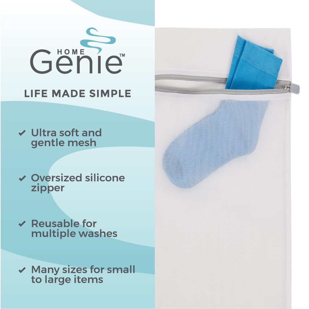 HOME GENIE Durable and Gentle Mesh Laundry Bags for Washing Delicates, Oversized Silicone Zipper, Machine Safe for Bras Lingerie Baby Garments, Net Bag for Tangle Free Wash Dry, Travel, 3 Pk Medium