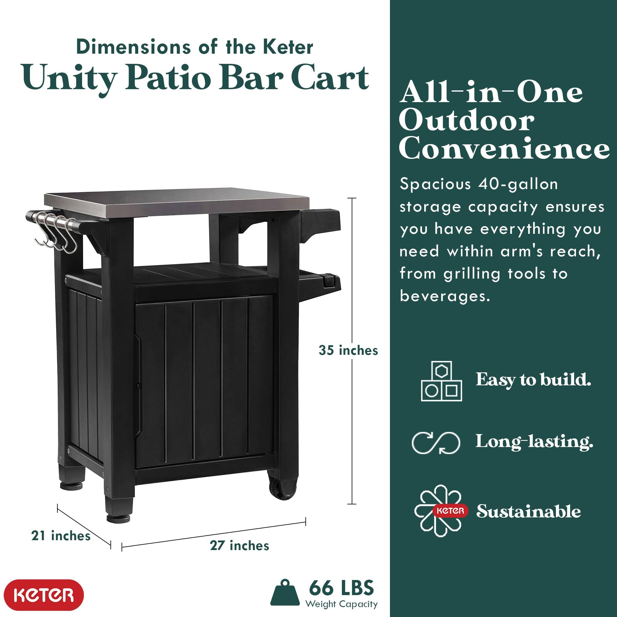 Keter Unity 40 Gallon Stainless Steel Top Grilling Bar Cart with Brightwood 120 Gallon Plastic Outdoor Furniture Storage Deck Box, Brown