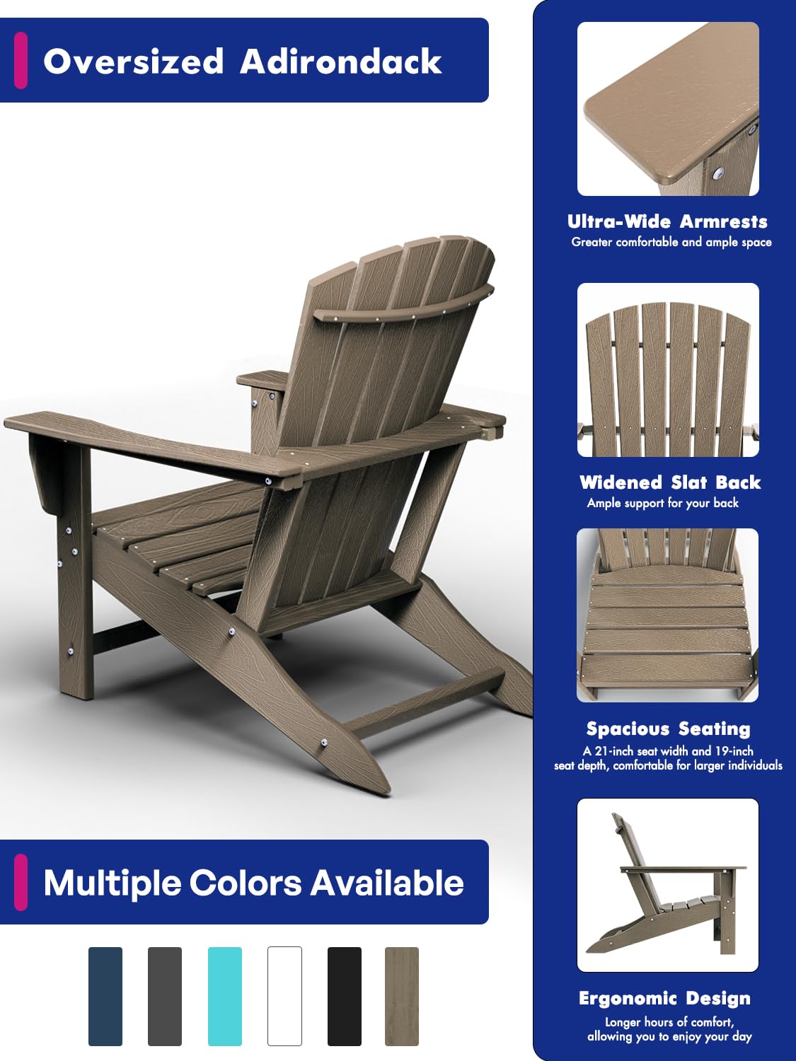 BRIOPAWS Adirondack-Chairs-Set of 2 | Wood Grain | Fire Pit Chair | Oversized | HDPE Plastic | Weather Resistant | for Deck Outdoor Poolside Campfire