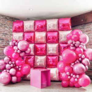 orgnafey metallic magenta hot pink flat square foil balloons tunnel arch wall double mylar balloon garland kit anniversary bachelorette birthday engagement bridal wedding party background decorations