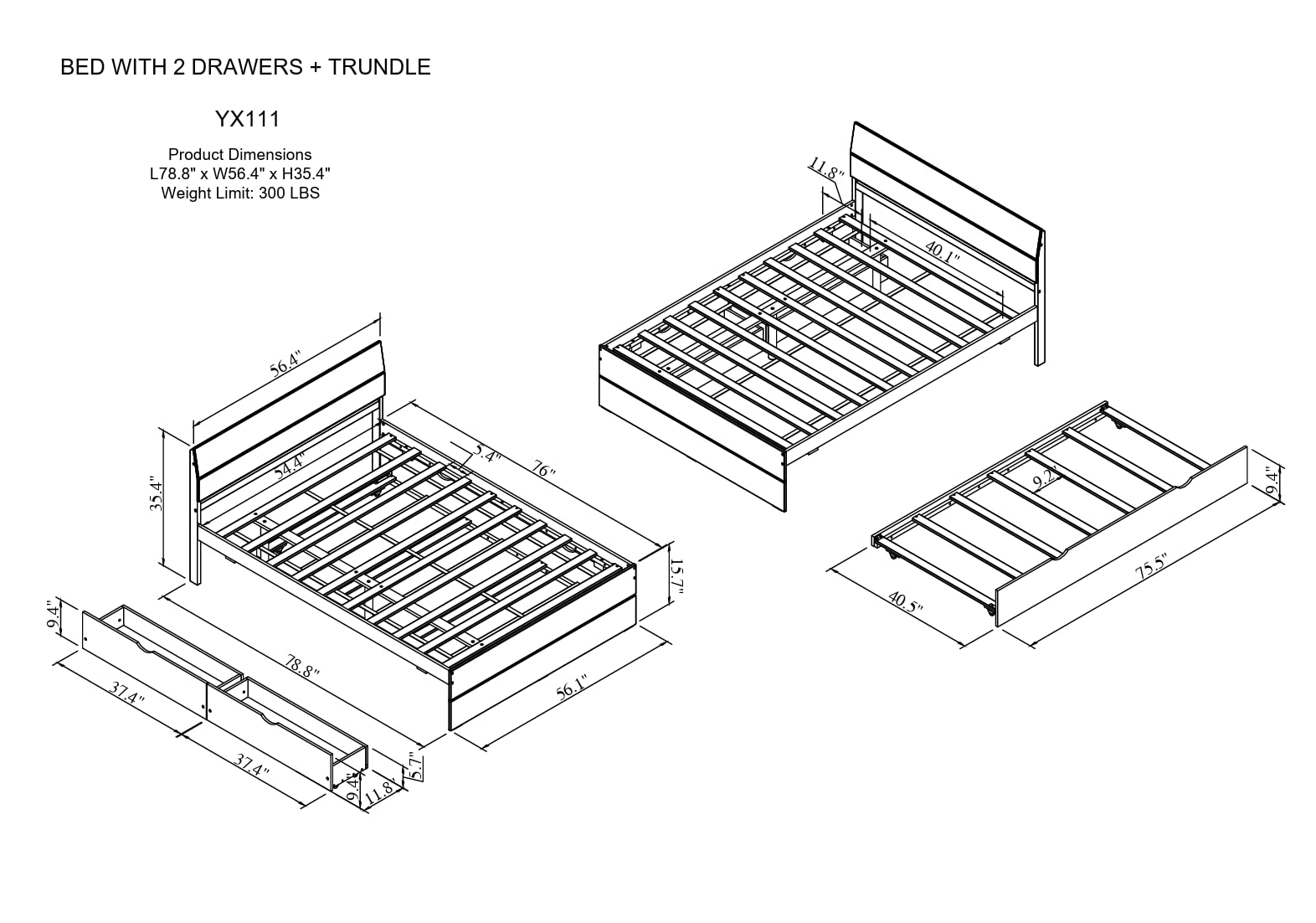 YOPTO Full Size Modern Bed Frame with Twin Size Trundle and 2 Drawers,Wooden Platform Bed W/High Gloss Craft Headboard and Footboard,Easy Assembly,for Bedroom,Apartment,White & Light Oak