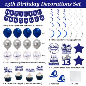 13th Birthday Decorations for Boys Girls, Blue Silver Official Teenager Party Decorations, Happy 13th Birthday Backdrop, Banner, Balloons, Pompoms, Hanging Swirls, Birthday Card, Cake Topper Set 54pcs