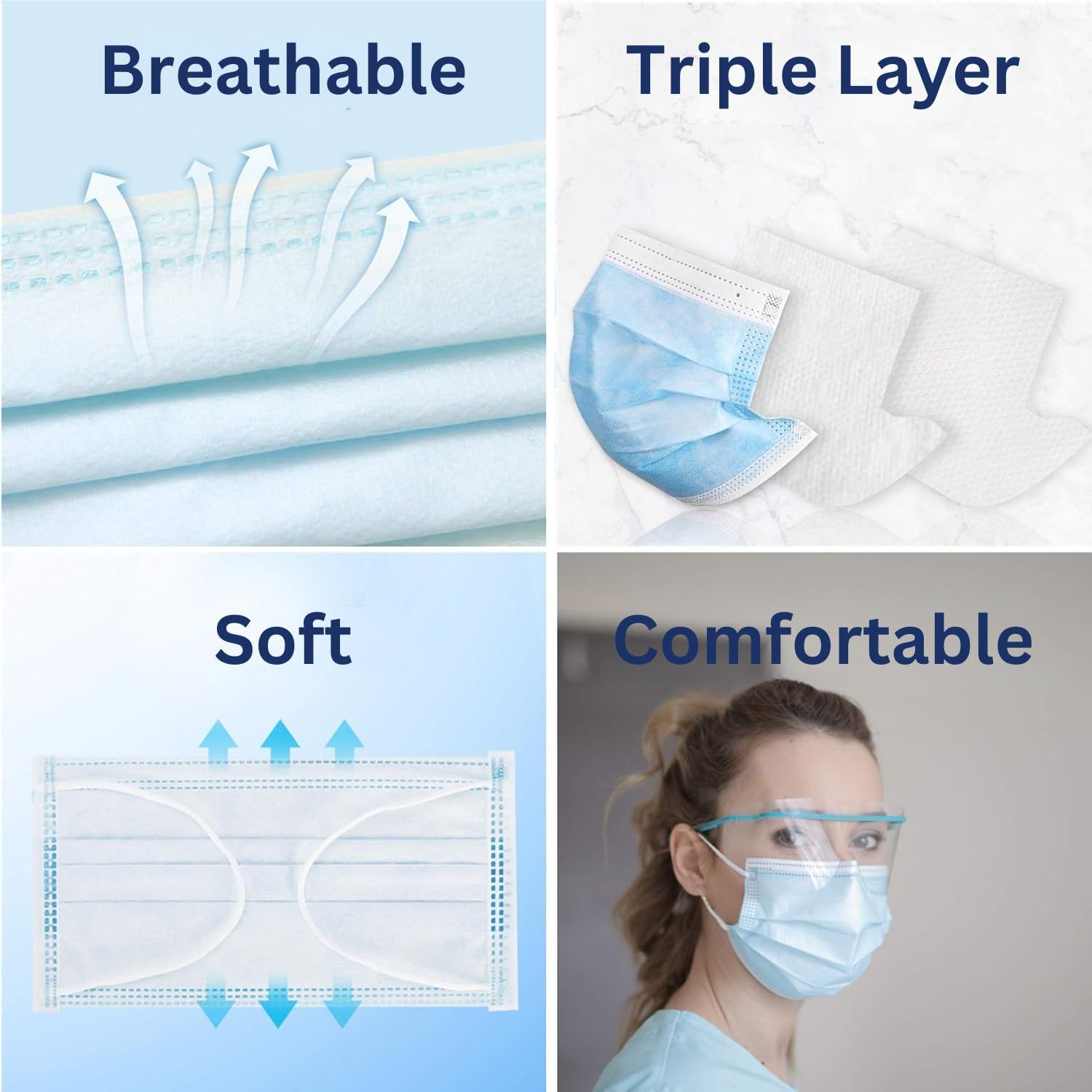 IFLY Smart Premium Disposable Blue Face Mask Individually Wrapped - Soft on Skin - 100 Pack of 3-Ply Masks Facial Cover