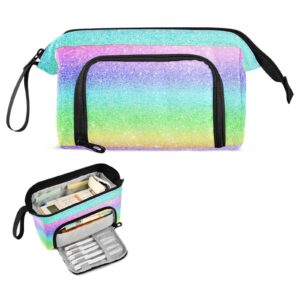 Yasala Pencil Case Gradient Glitter Rainbow Sparkle Pen Pouch Holder Art Kits Storage Bag Cosmetic Organizer Carrying Case for Office Supplies Travel Bag for Makeup Large Stationary Bag with Handle