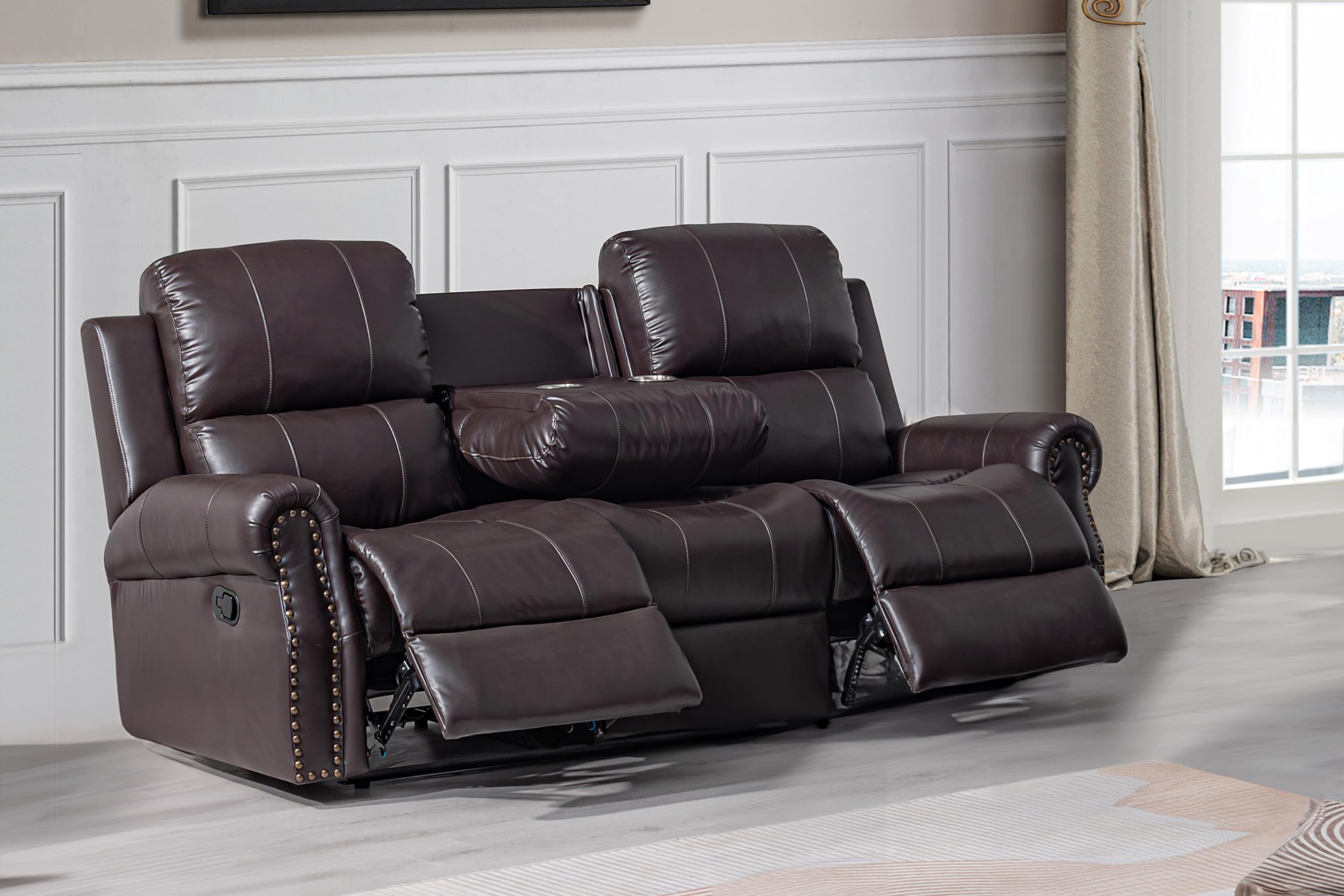 New Classic Furniture Sierra Faux Leather Sofa with Dual Recliners, Brown