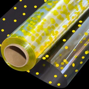 syogua 100ft x 34in extra wide clear cellophane wrap with gold polka dots, transparent thicker clear cellophane wrapping paper, clear gift wrap cellophane roll for baskets, treats, holiday, christmas gifts