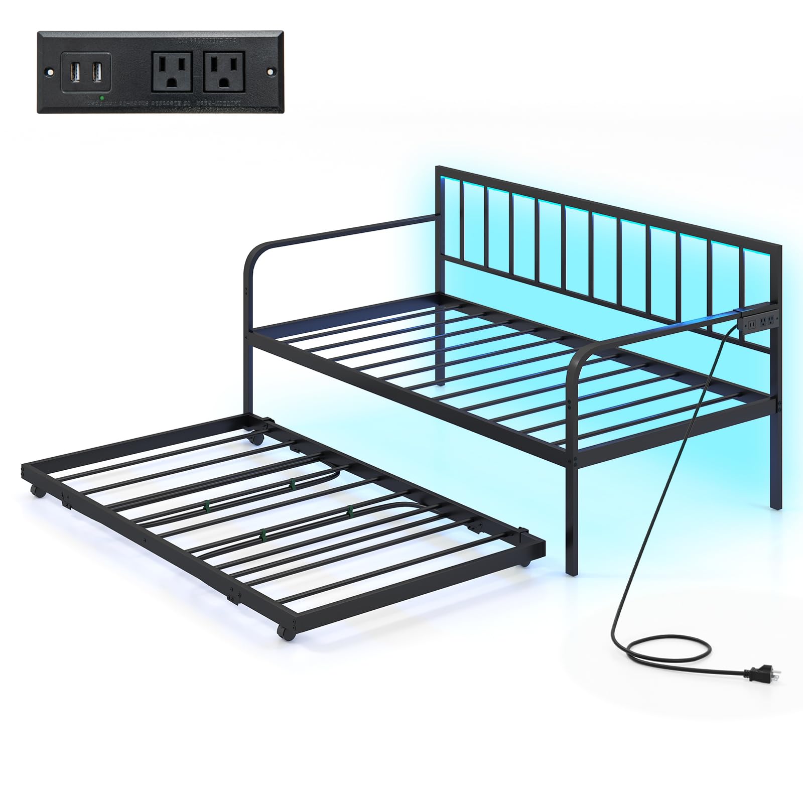 Giantex Twin Daybed with Trundle, Metal Day Bed with Charging Station & LED Lights, Sofa Bed Frame with Pop up Trundle, Metal Slats Support, Trundle Bed Twin for Living Room, Guest Room, Black