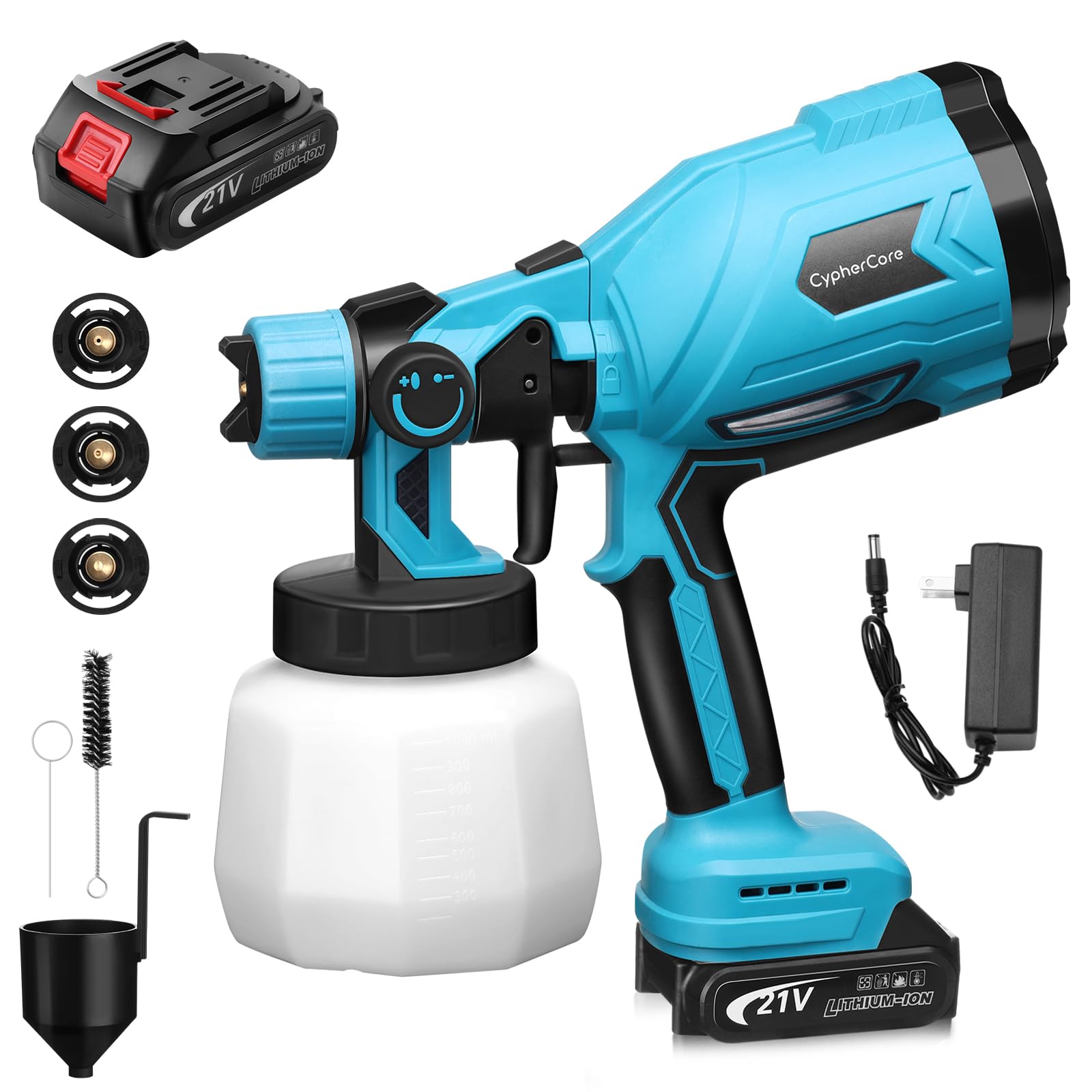 CypherCore Cordless Paint Sprayer with Battery 21V, 700W Electric Paint Gun with 1000ML Container & 3 Copper Nozzles, Power Wireless Spray Gun for House Painting Furniture Cabinets