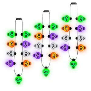 halloween accessories, 3pcs light up halloween necklaces bulk, halloween party favors necklaces with colorful skull, 9 bone bulbs glow halloween necklaces for trick or treat party supplies decor