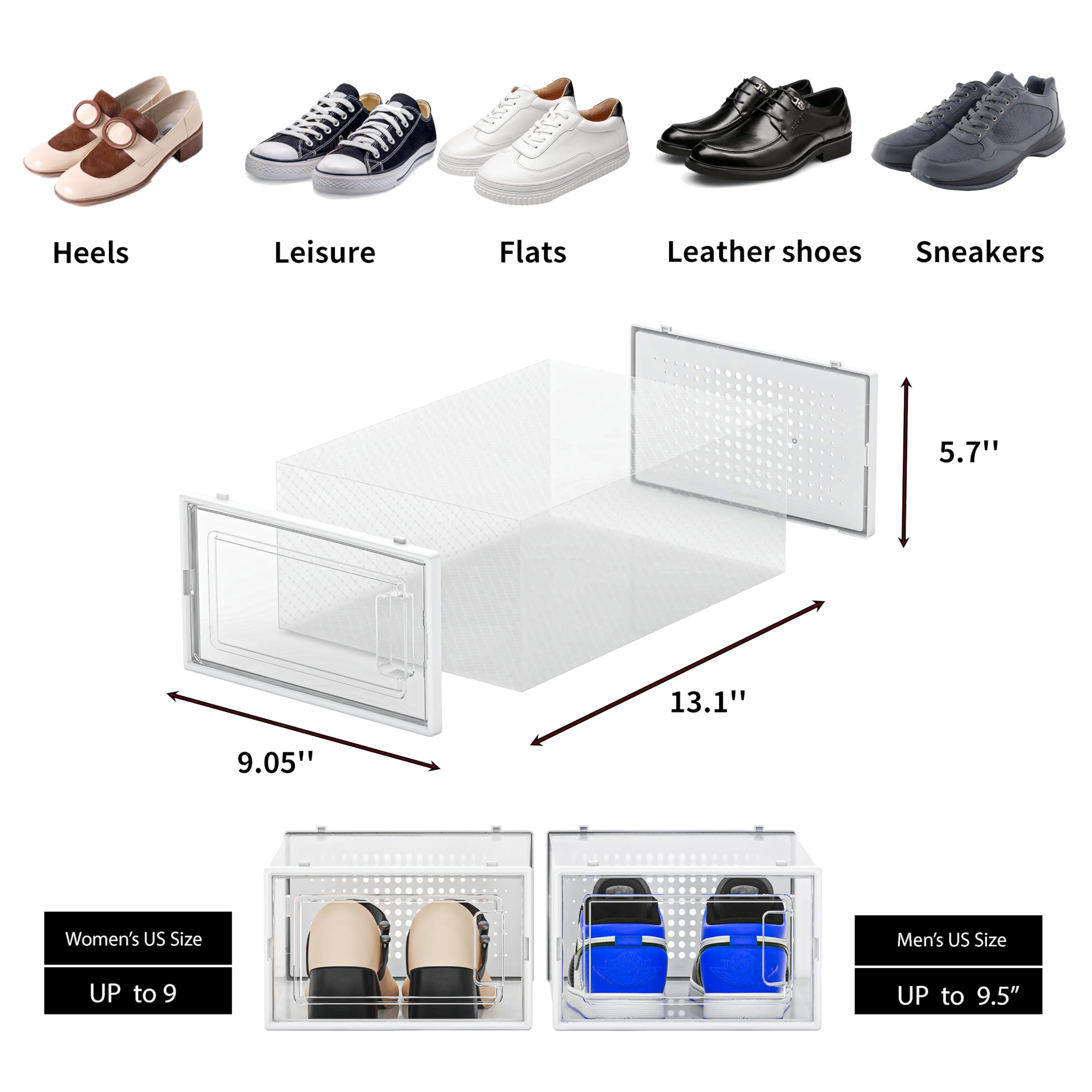 12 Pack Shoe Organizer Storage Bins, Clear Plastic Stackable Shoe Boxes for Closet, Space Saving Foldable Shoe Storage Bins, Sneaker Storage Shoe Box Container, White Frame