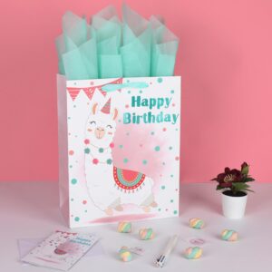 13" Large Green Gift Bag Set with Greeting Card and Tissue Paper(Llama and Happy Birthday) for for Girls’, Boys' or Kids' Birthday Party, Women's or Men's Birthday Parties, Baby Shower - 10.2”x5.2”x13”, 1 Pcs.