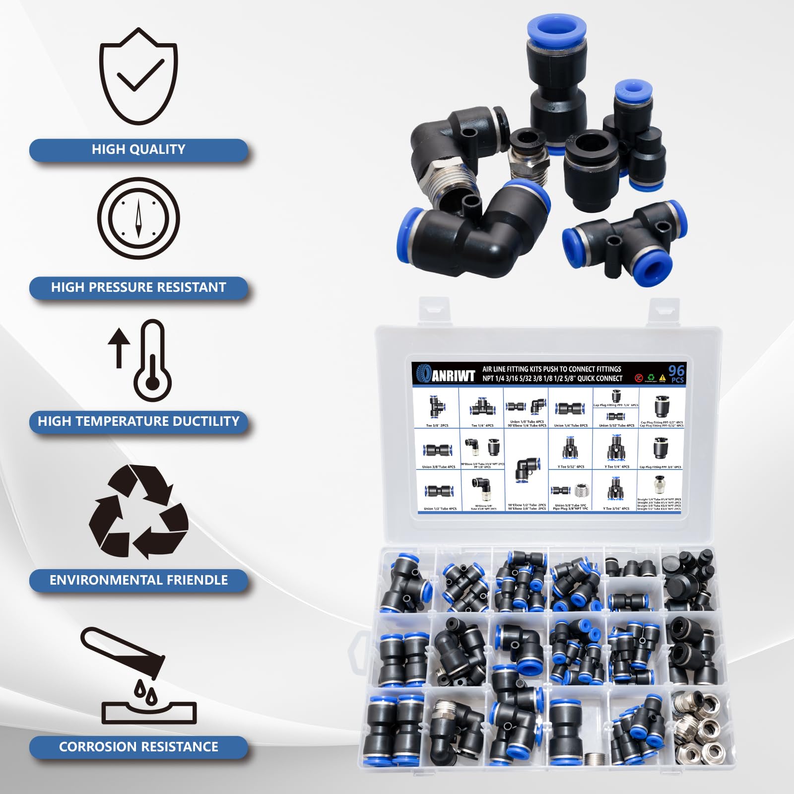 96Pcs Quick Connect Air Hose Fitting Kit, NPT 1/4,3/16, 5/32,3/8,1/8,1/2,5/8" Push To Connect Fittings Air Line Pneumatic Fittings Kit Connectors for Automotive Car or Industrial Workshops