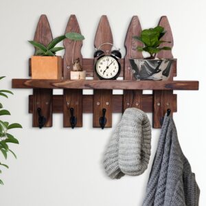 ihangers coat rack wall mount, wall hooks with shelf, retro rustic fence style with 5 hooks for entryway, living room, bathroom, bedroom, kitchen (burnt wood)