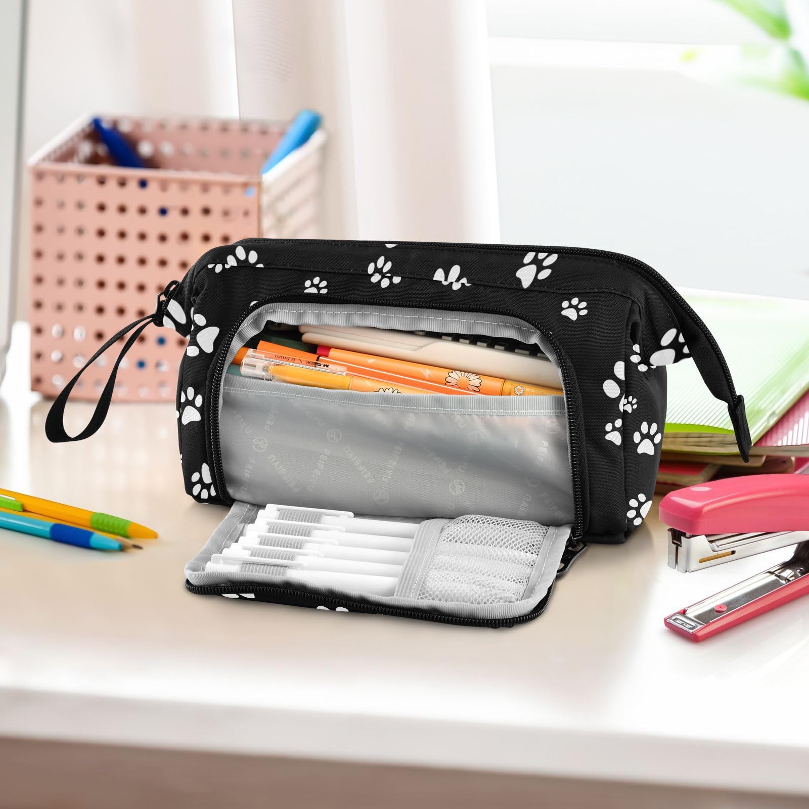 Yasala Pencil Case White Dog Cat Paw Print Black Pen Pouch Holder Art Kits Storage Bag Cosmetic Organizer Carrying Case for Office Supplies Travel Bag for Makeup Large Stationary Bag with Handle