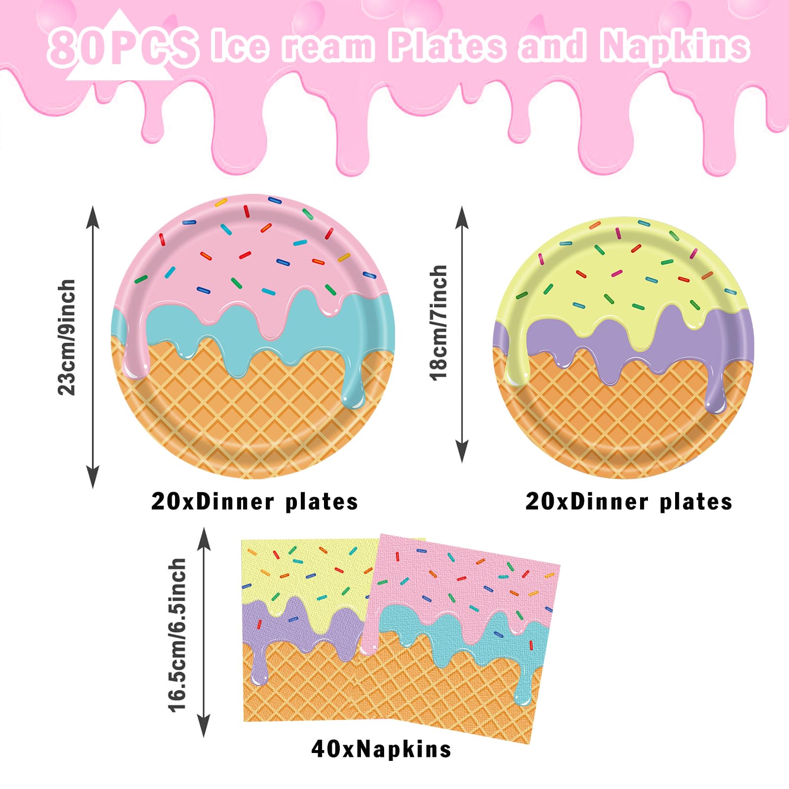 96PCS Ice Cream Plates and Napkins Party Supplies Ice Cream Disposable Paper Plates Napkins Tableware Set for Birthday Baby Shower Sweet Summer Ice Cream Theme Party, Serves 48 Guests