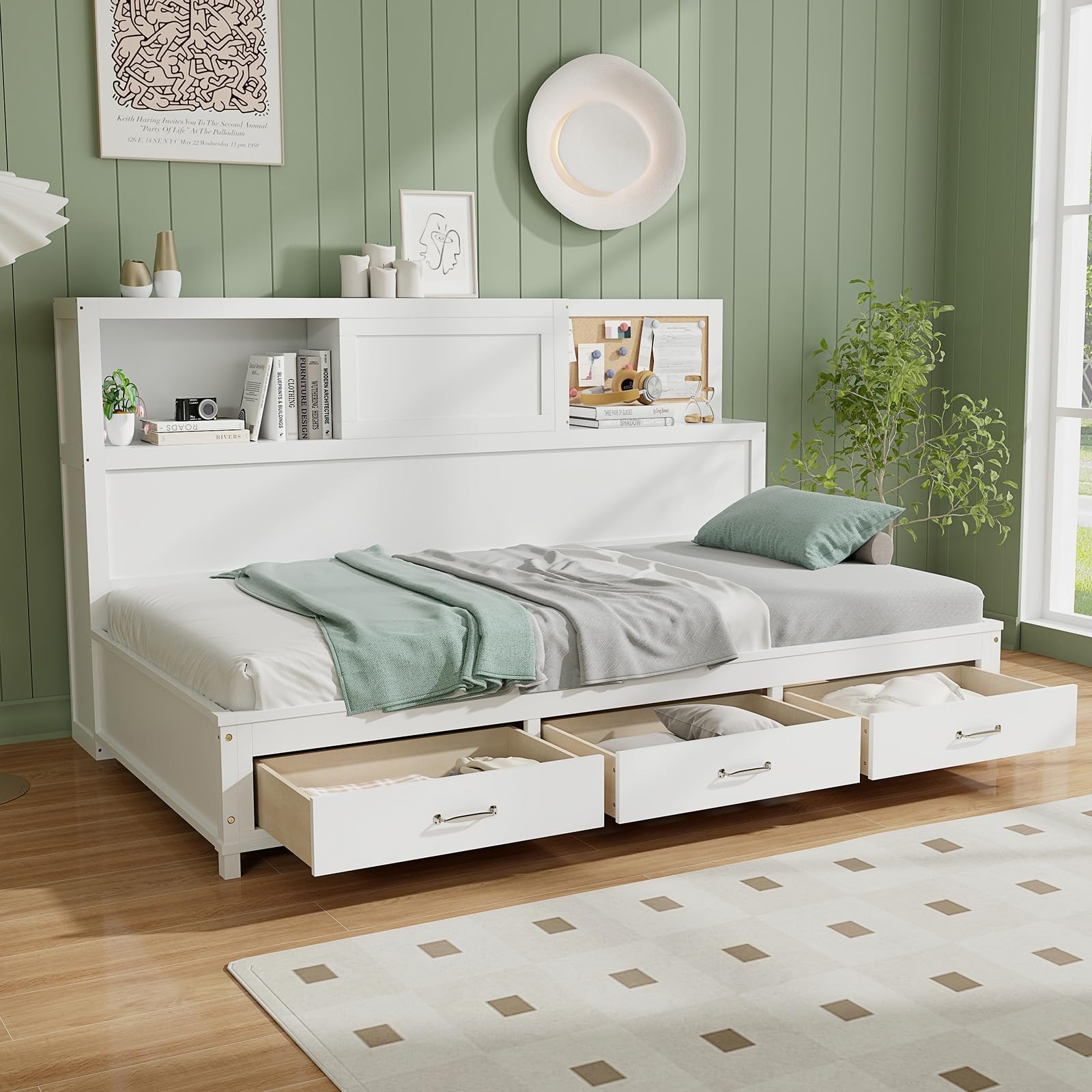 Giantex Twin Daybed with 3 Storage Drawers, Wood Day Bed with Storage Shelves, Cork Board & Sliding Door, Daybed Frame for Kids Adults Guests, No Box Spring Needed, Daybed with Storage, White