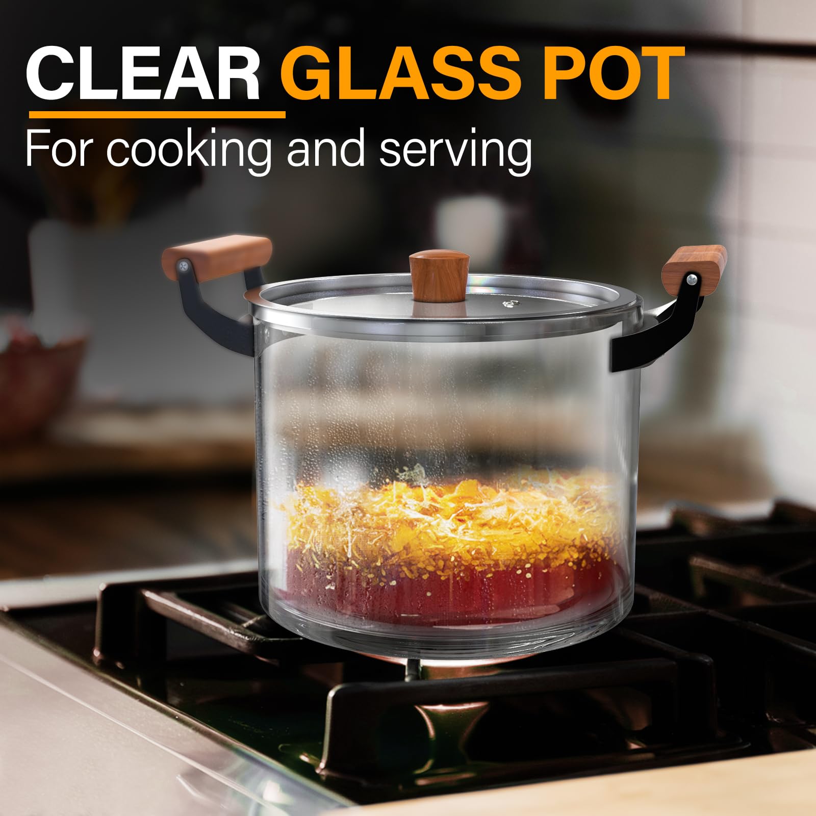 4.0L Glass Pot - glass cooking pot, clear pot for cooking with Wooden Handle and Clear Lid